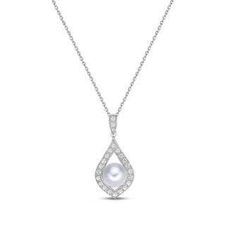 Cultured Pearl & White Lab-Created Sapphire Teardrop Necklace Sterling ...