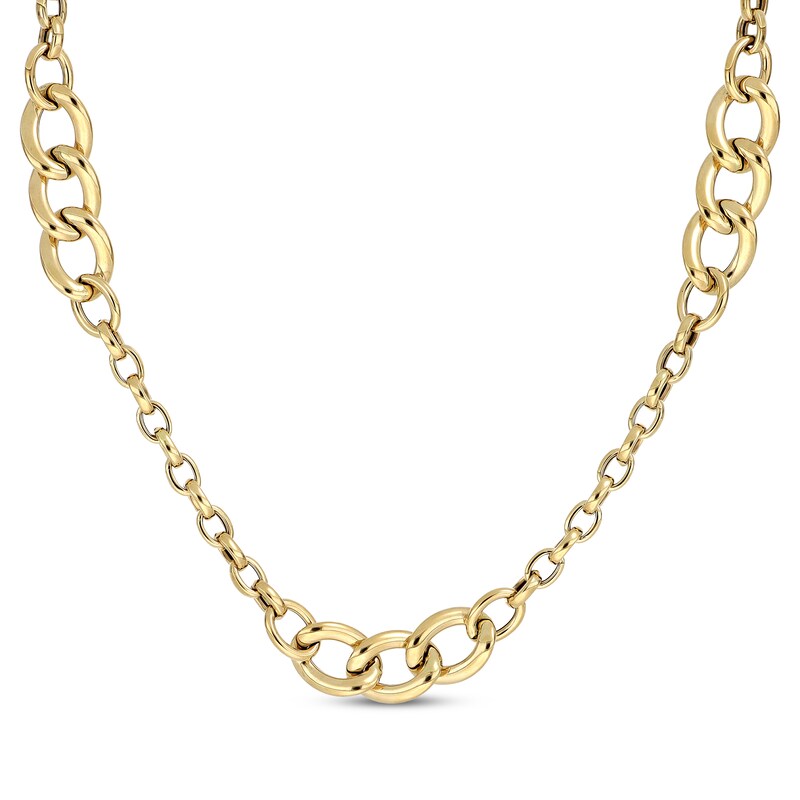 Hollow Rolo & Curb Chain Station Necklace 14K Yellow Gold 18